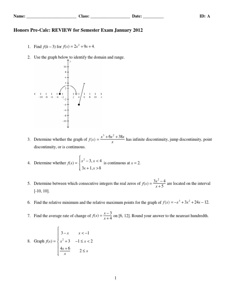 Honors Pre-Calc: REVIEW For Semester Exam January 2012 | PDF
