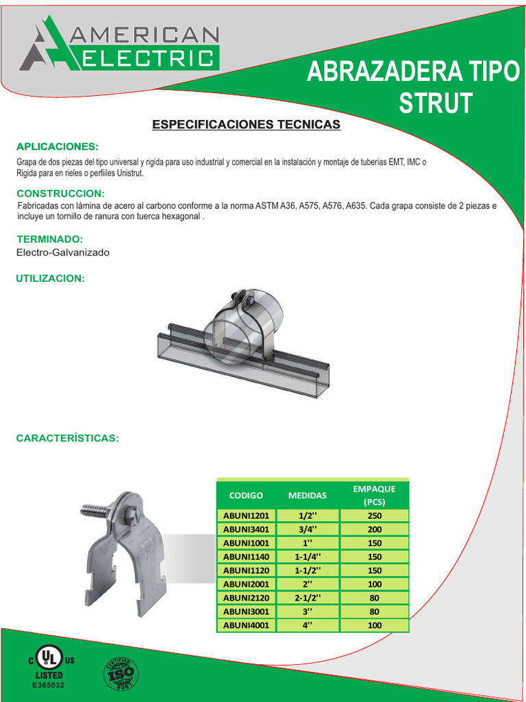 Ficha Tecnica Abrazadera STRUT + UL+ISO+CARTA | PDF