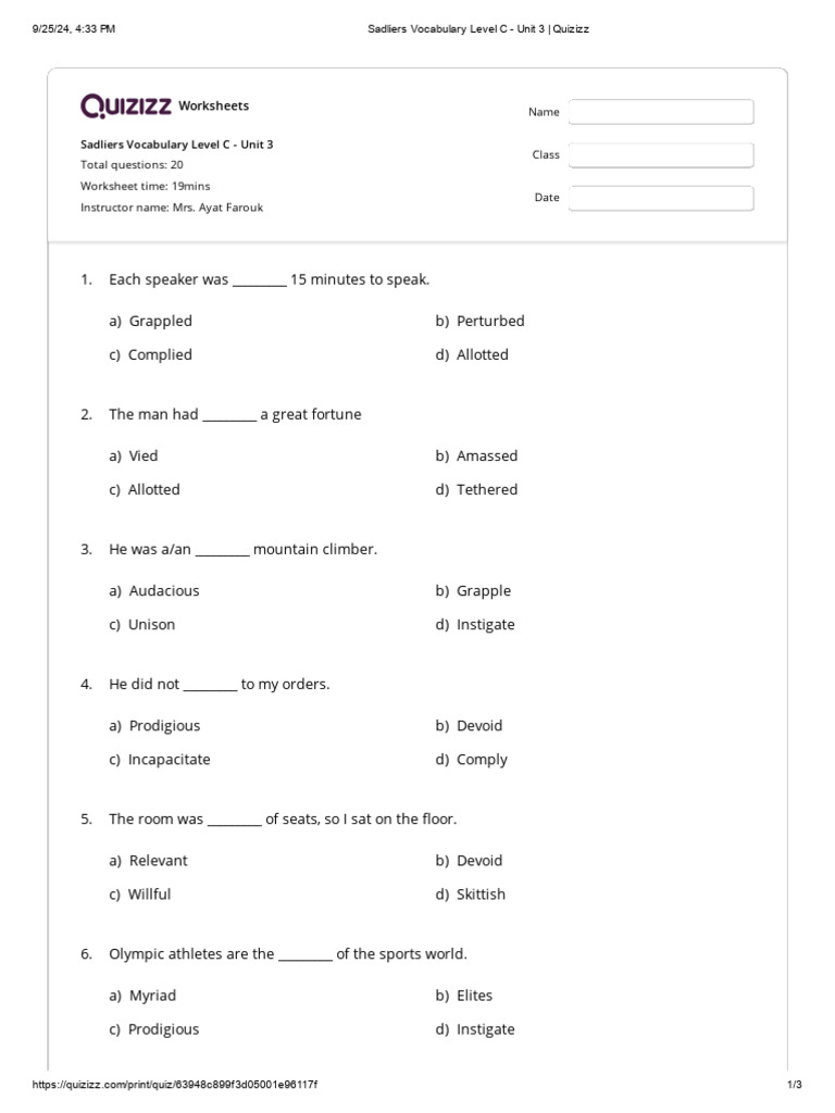 Sadliers Vocabulary Level C - Unit 3 | PDF