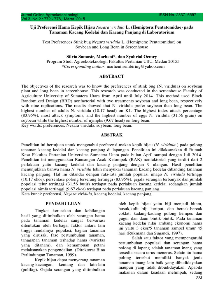ID Uji Preferensi Hama Kepik Hijau Nezara V | PDF