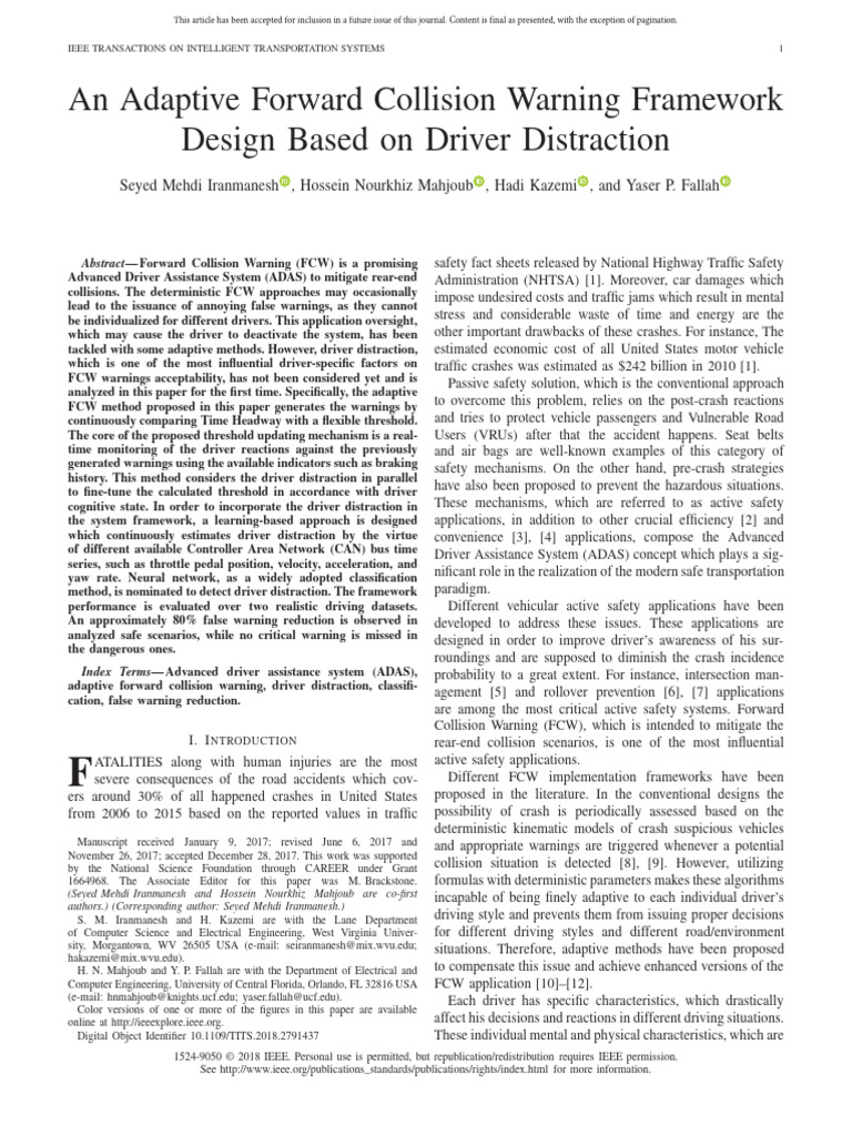 An Adaptive Forward Collision Warning Framework Design Based On Driver ...