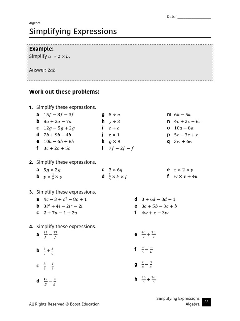 Y8 Maths Algebra Simplifying Expressions | PDF