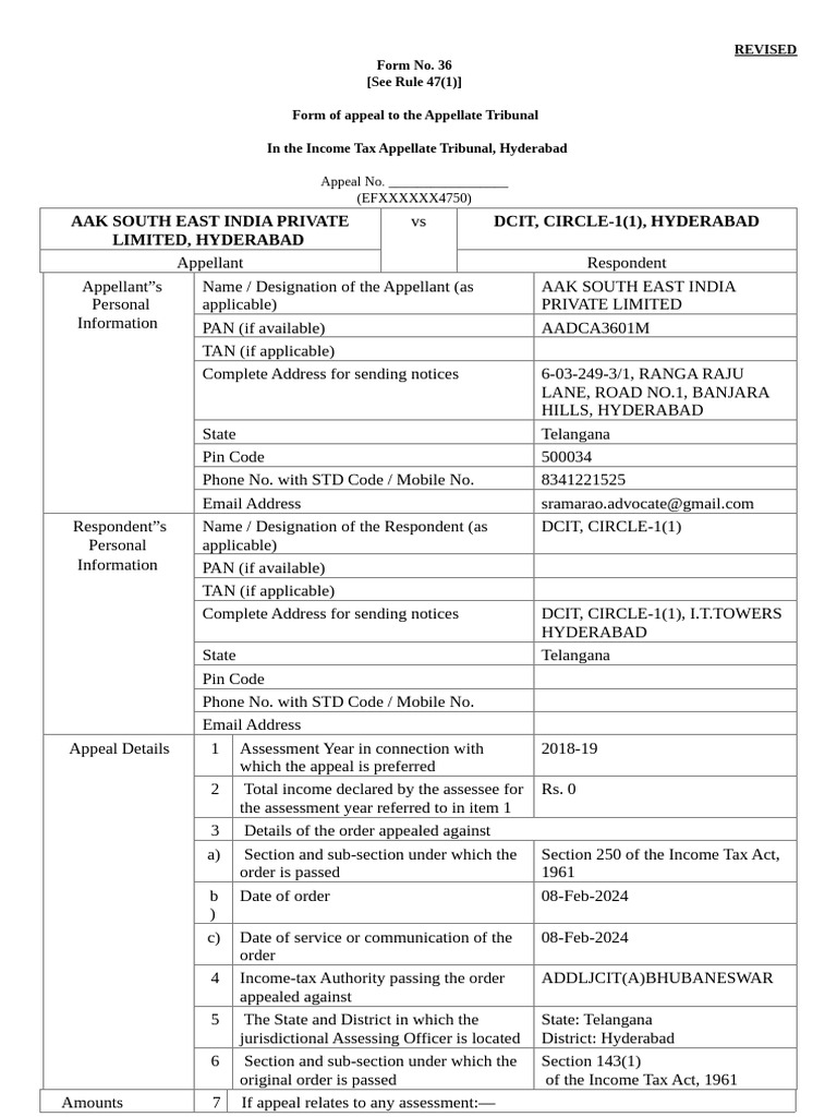 Revised Itat F36 Aadca3601m XXXXXX4750 | PDF | Appeal | Taxes