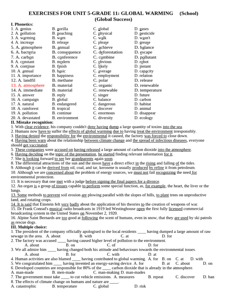 EXERCISES FOR UNIT 5 G 11 Global Warming | PDF