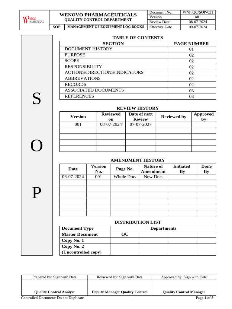 SOP For Management of Equipment Log Book | PDF