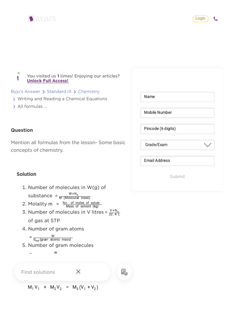 All Formulas From Lesson Some Basic Concepts of Chemistry . | PDF
