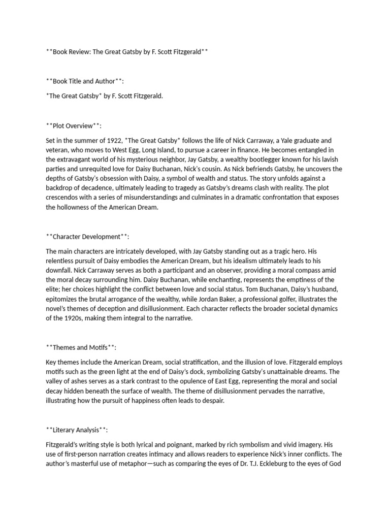 The Great Gatsby - Book Review | PDF