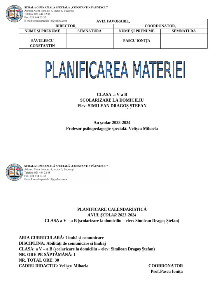 Planificarea Materiei 2023-2024 - Similean - Domiciliu - V B | PDF