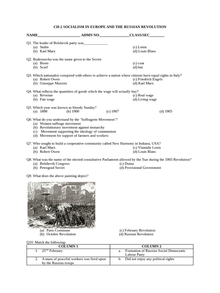 CH-2 Russian Revolution (H) Revision Worksheet | PDF