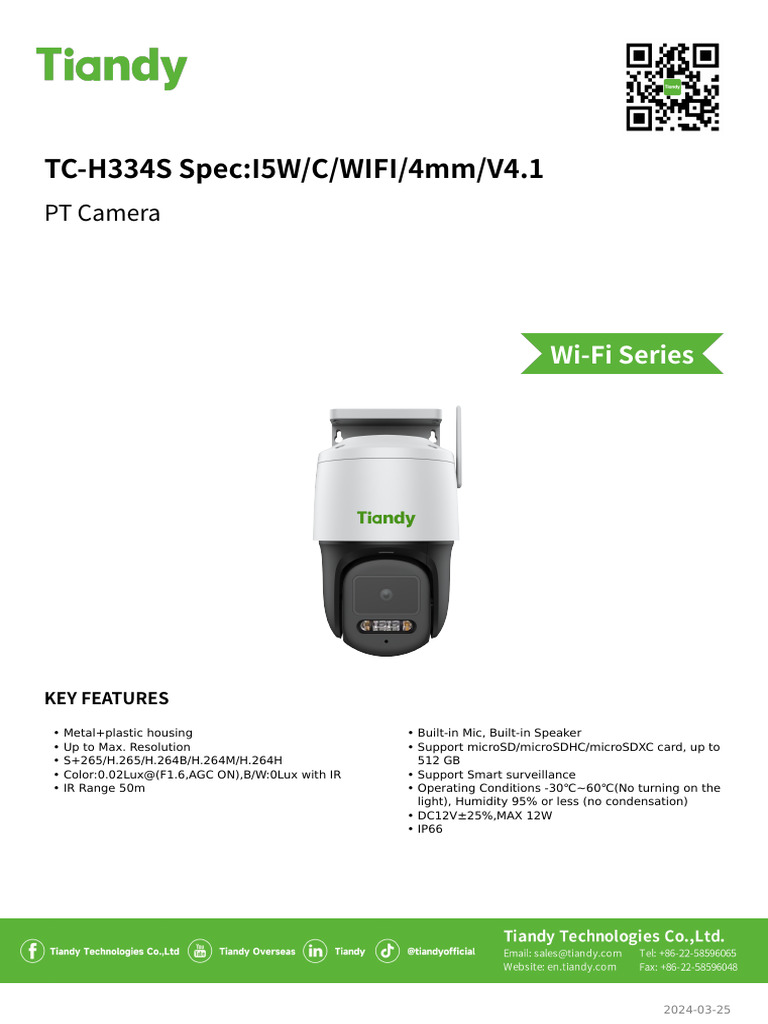 Tiandy TC h334s Lite Series PTZ 3mp Wifi Camera PDF | PDF