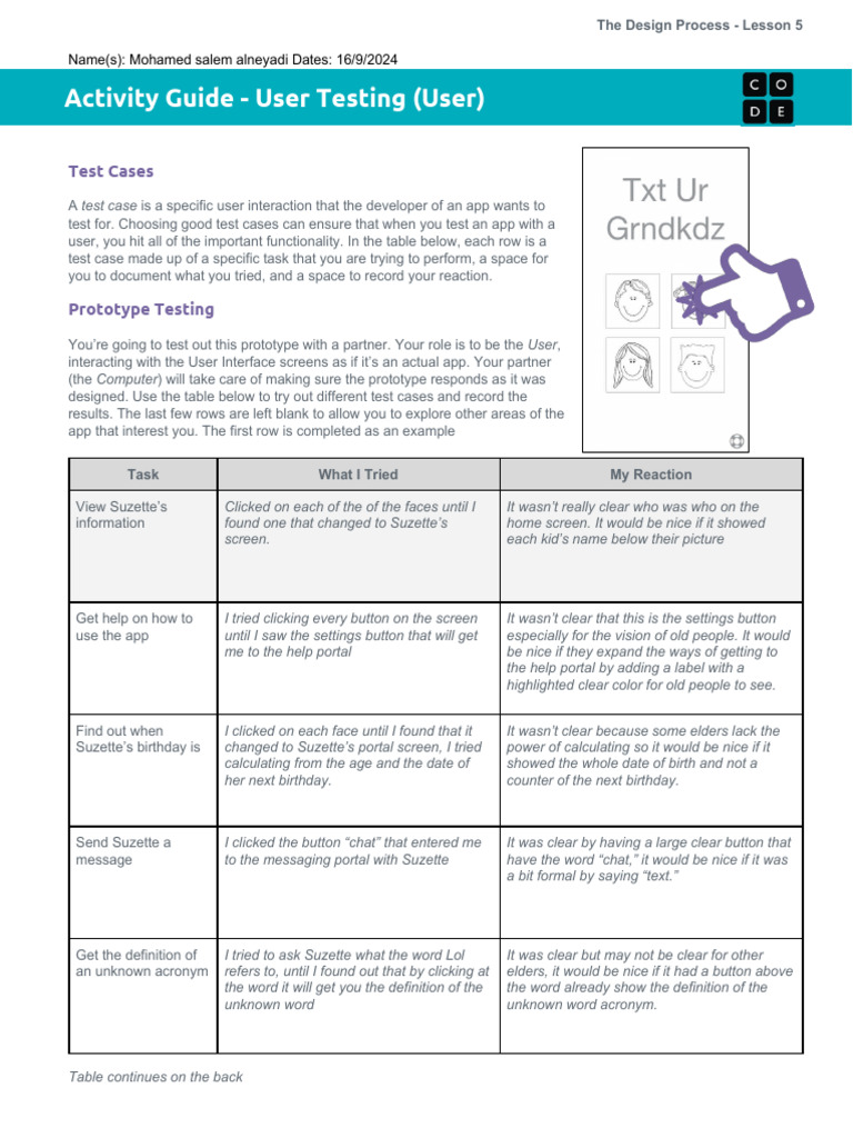 Activity Guide - User Testing (User) : Test Cases | PDF