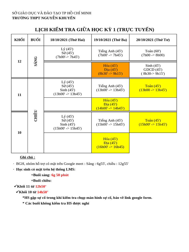 6 Lich Kiem Tra Giua Hki NH 2021 2022online - 2310202192041 | PDF