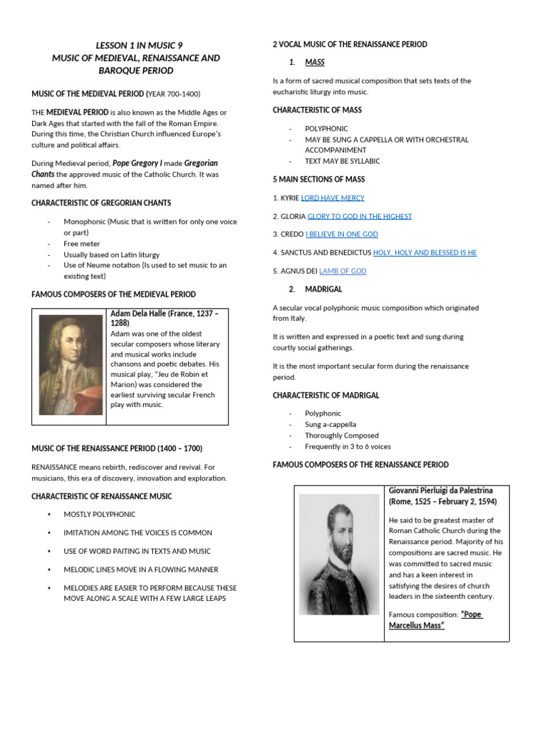 lESSON 1 IN MUSIC THE MEDIEVAL RENAISSANCE AND BAROQUE PERIOD | PDF