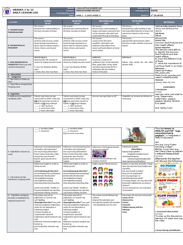 DLL - Mapeh 1 - Q4 - W1 | PDF