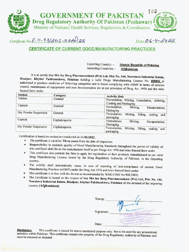 Certificate of Current Good Manufacturing Practices | PDF Certificate of Current Good Manufacturing Practices | PDF