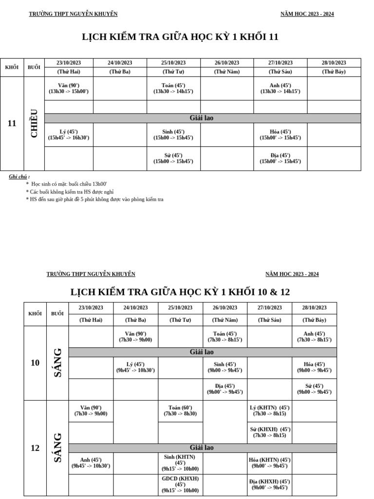 4chinh Thuc Lich KT Giua Hki 3 Khoi NH 2023 2024 THPT Nguyenkhuyen - 2010202313517 | PDF