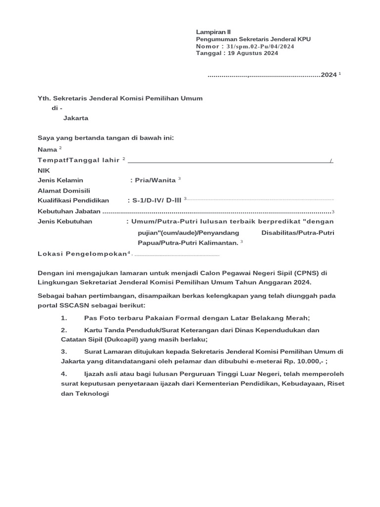 2932 Surat Lamaran Cpns Kpu 2024 | PDF
