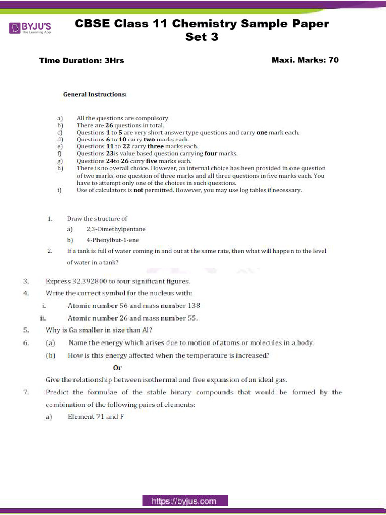 CBSE Class 11 Chemistry Sample Paper Set 3 | PDF