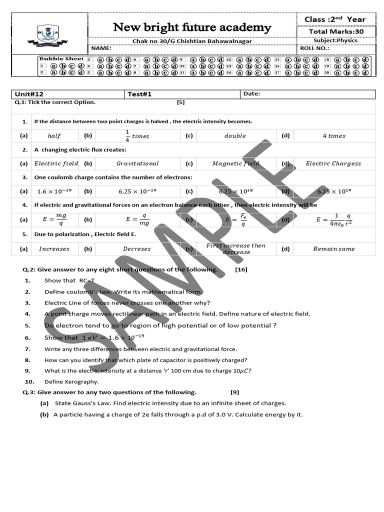 2nd Year Physics (Sample) | PDF | Electric Field | Electron