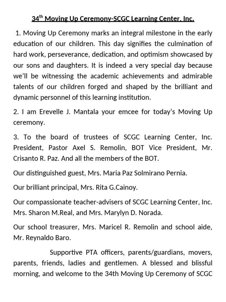 Moving Up Ceremony - SCRIPT-Kindergarten | PDF