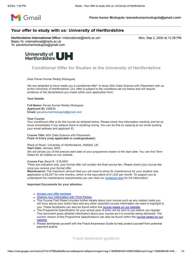 Conditional Offer - University of Hertfordshire | PDF