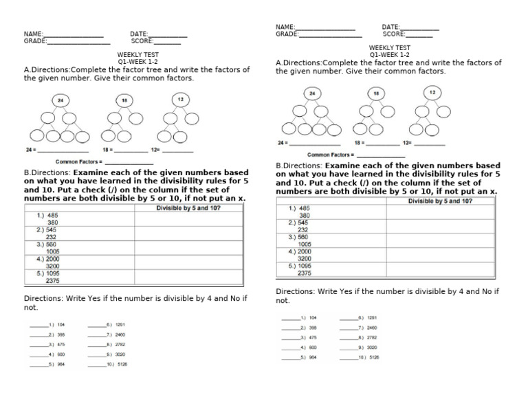 Weekly Test in Math 5-Q1-Week 1-2 | PDF