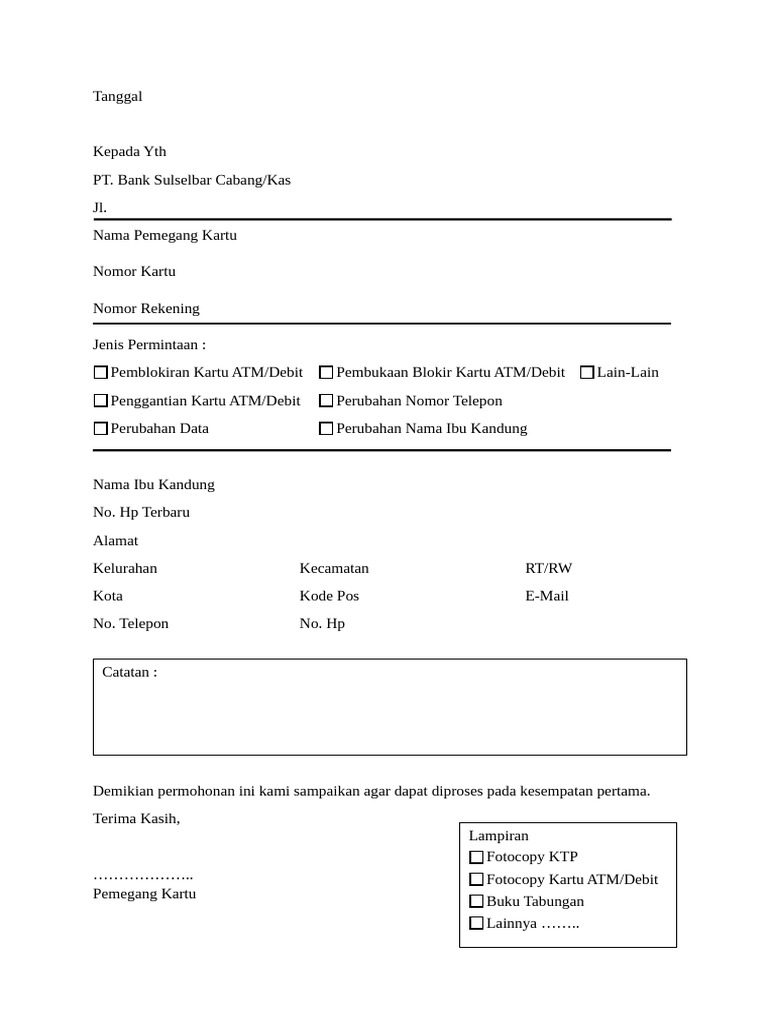 Formulir Permintaan Nasabah SULSELBAR | PDF