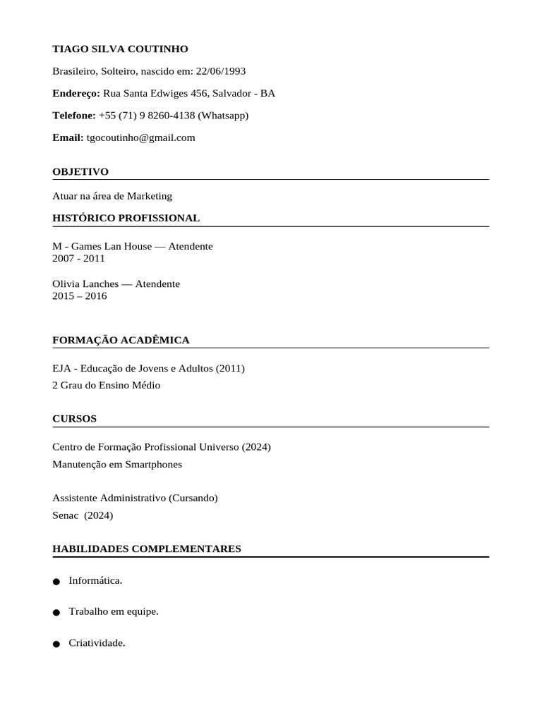 Curriculo Tiago Silva Coutinho - Copia | PDF Curriculo Tiago Silva Coutinho - Copia | PDF