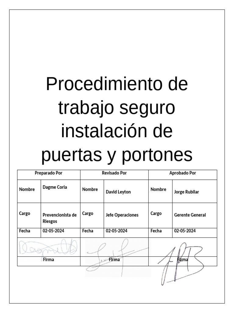 PROCEDIMIENTO-DE-TRABAJO-SEGURO-INSTALACION-DE-PUERTAS y PORTONES | PDF