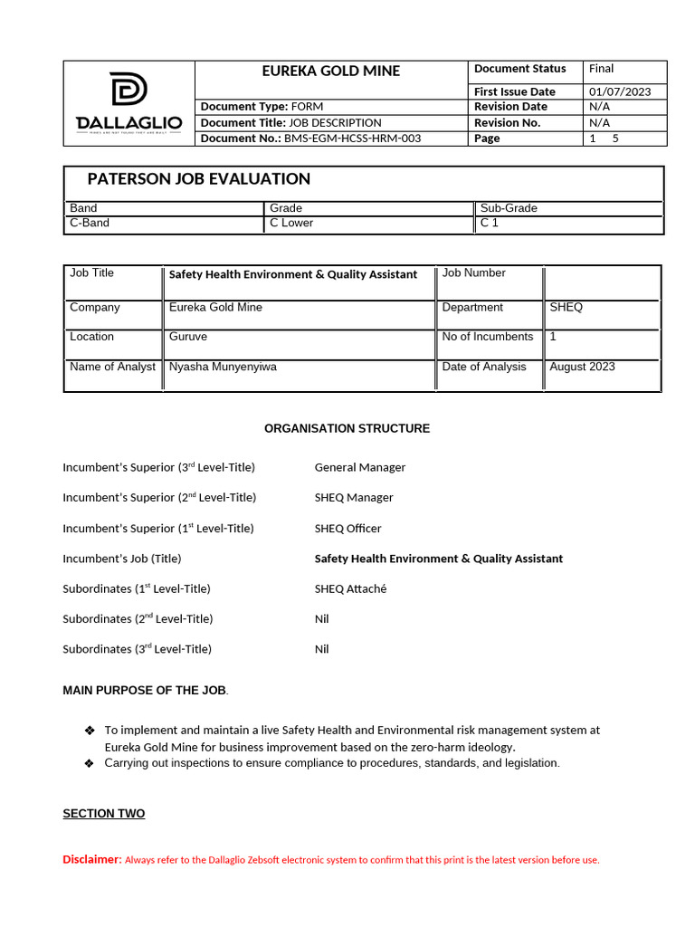 SHEQ Assistant Job Description | PDF