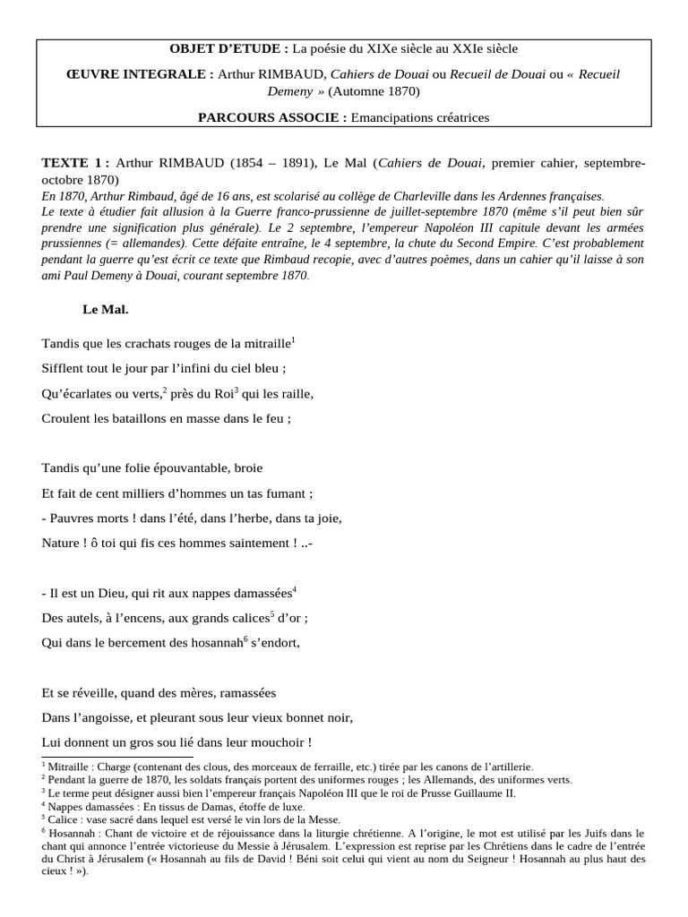 POESIE RIMBAUD TEXTE 1 Le Mal | PDF