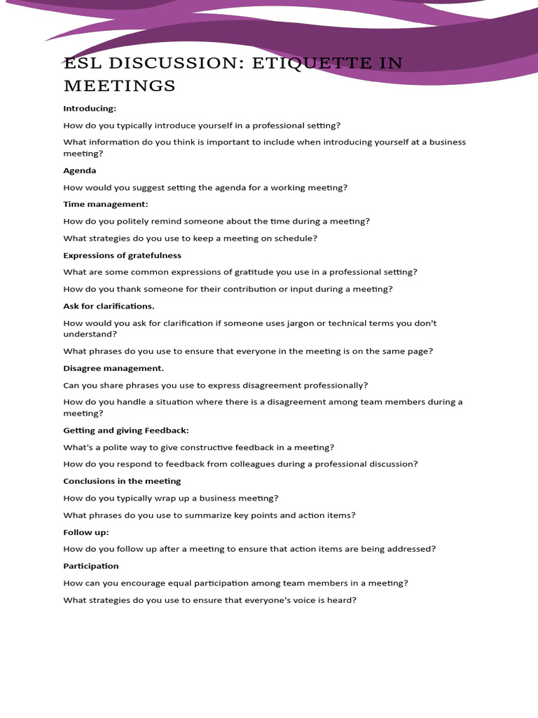 ESL Discussion Etiquette in meetings | PDF