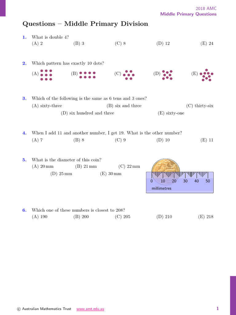 2018 Australian Mathematics Competition AMC Middle Primary Years 3 and ...