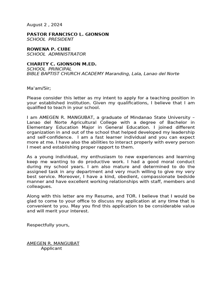 SAMPLE Application Letter | PDF | Career & Growth