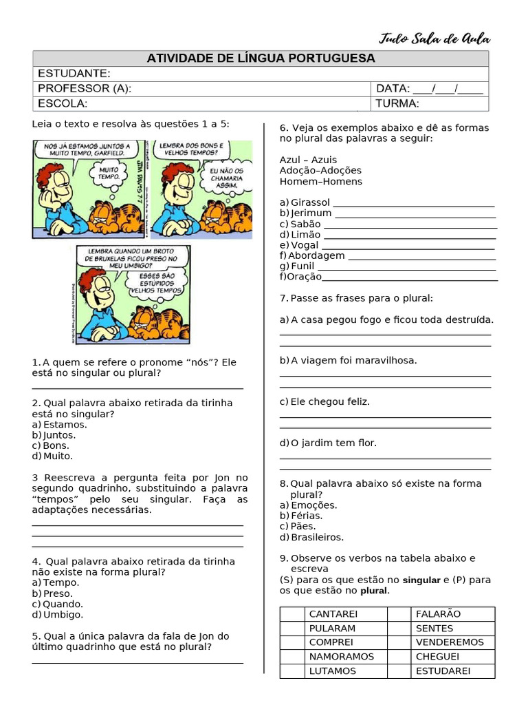 ATIVIDADE - SINGULAR E PLURAL - 6 Ano | PDF | Plural | Famílias ...