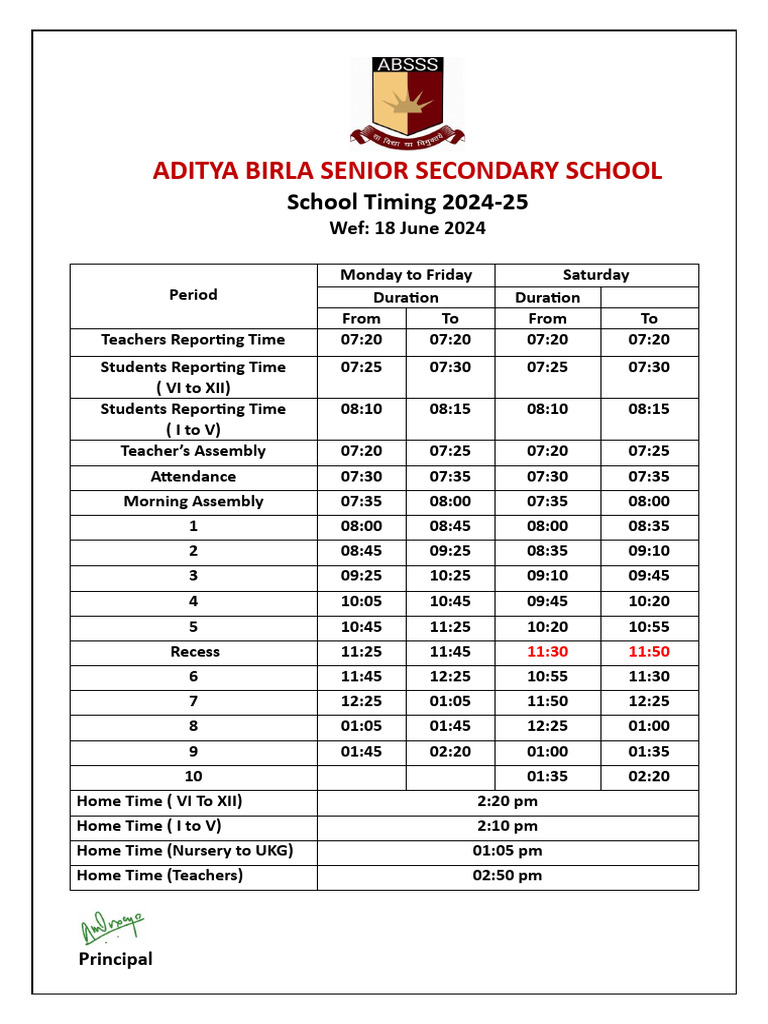 Aditya Birla School Timings 2024-25 | PDF