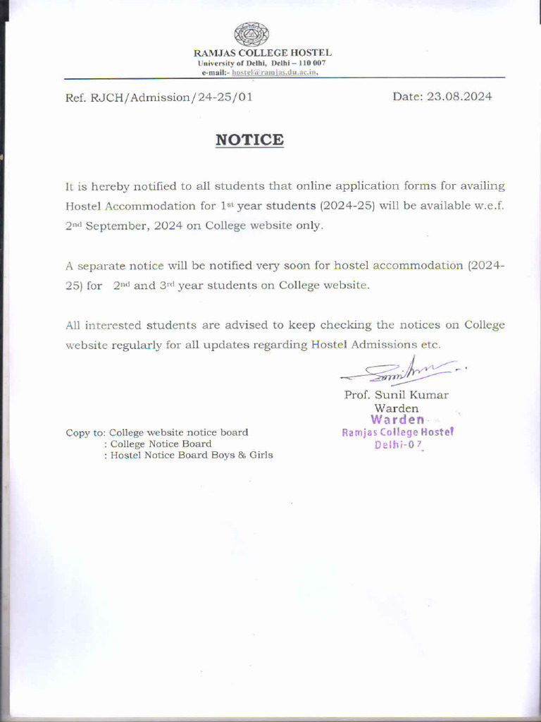 Hostel Admission Notice (23.08.24) | PDF