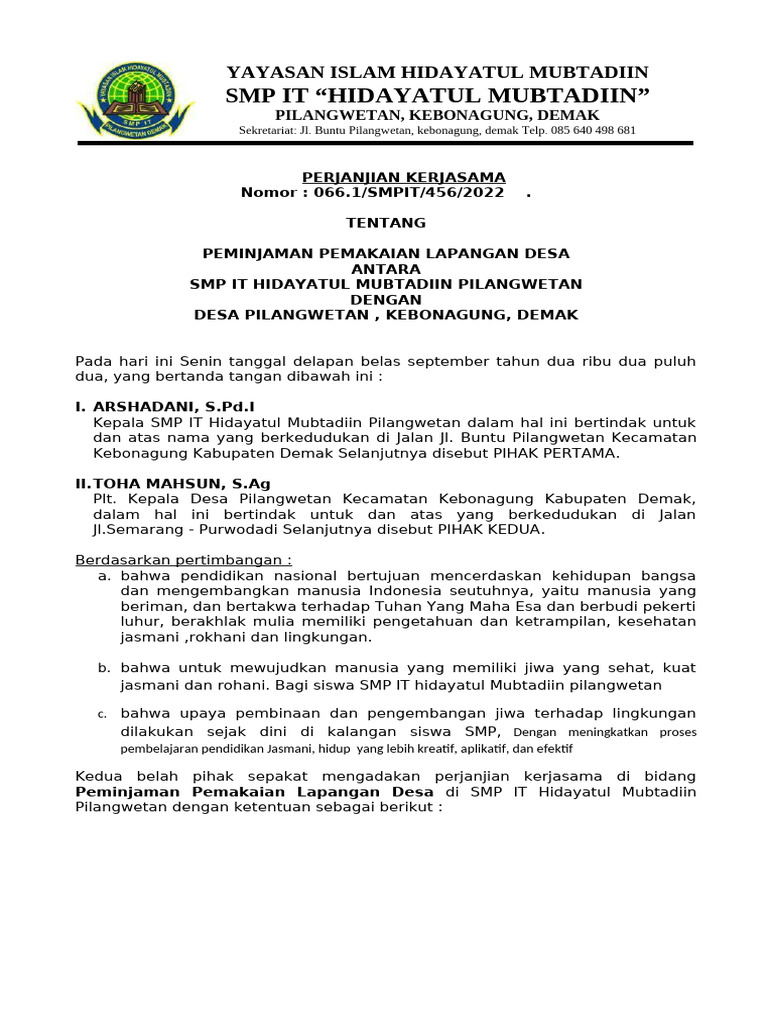 MOU Pemakaian Lapangan SMP | PDF