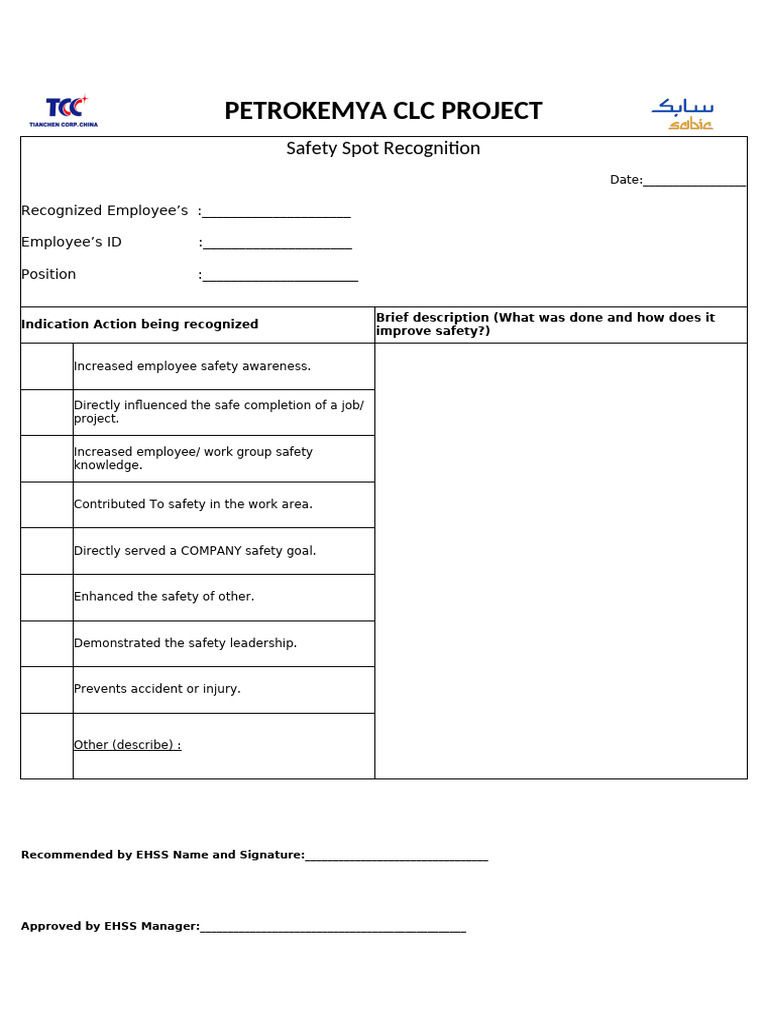 SAFETY RECOGNITION FORM | PDF