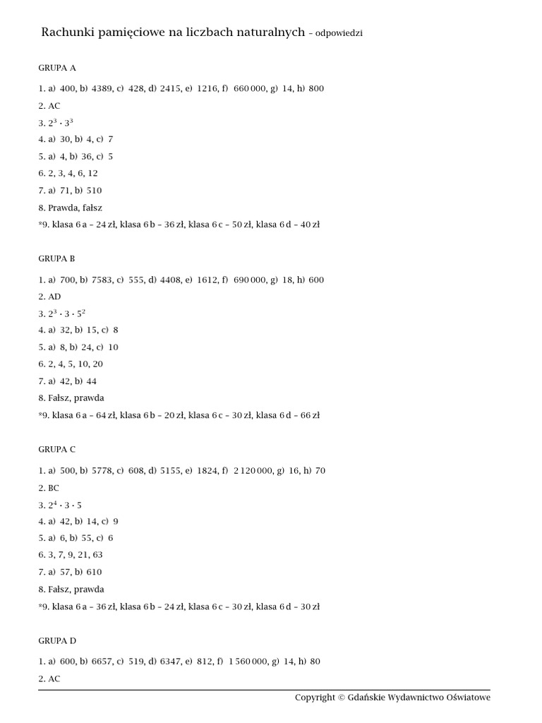 1.rachunki Pamięciowe Na Liczbach Naturalnych - Odpowiedzi | PDF