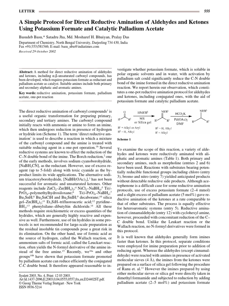 Basudeb Basu Et Al - A Simple Protocol For Direct Reductive Amination ...
