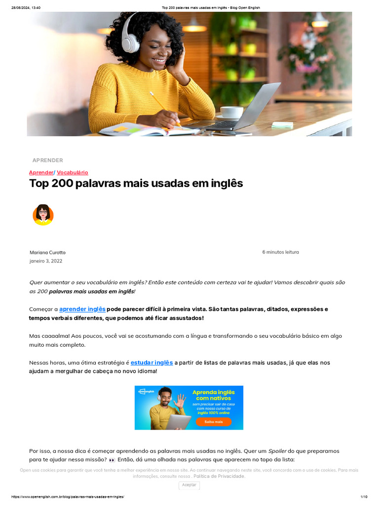 Top 200 Palavras Mais Usadas Em Inglês - Blog Open English | PDF