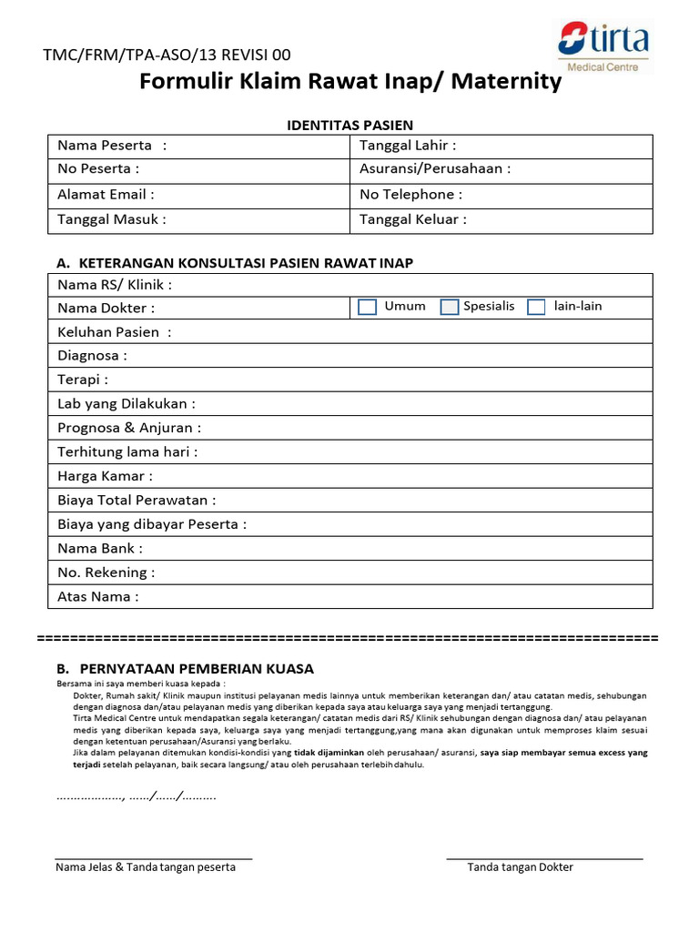 Formulir Klaim Rawat Inap Dan Melahirkan 20240917143411 | PDF
