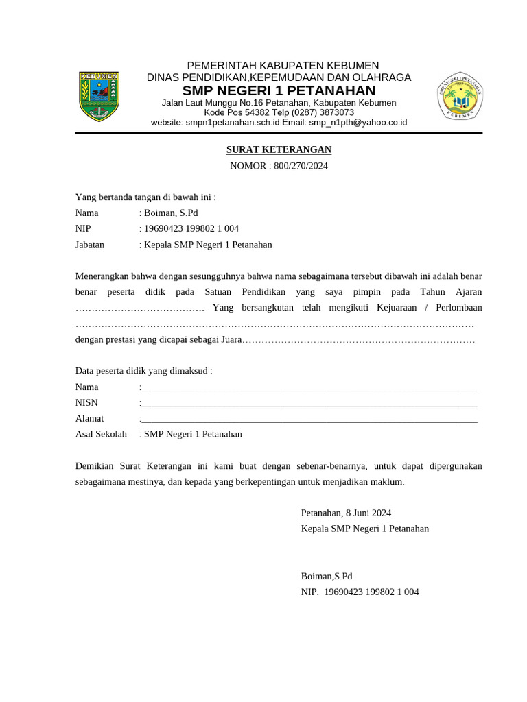 Surat Keterangan Piagam Sekolah | PDF