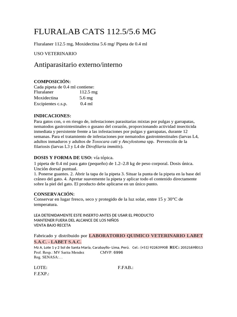 Caja FLURALAB CATS 112.5 MG 5.6 MG | PDF