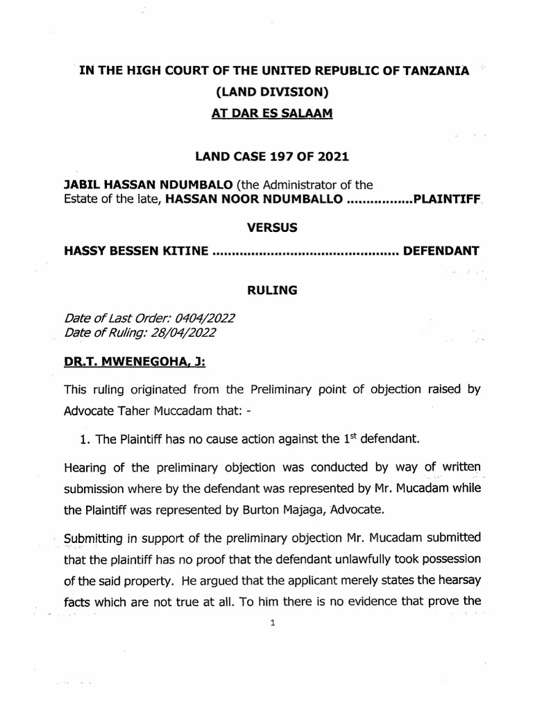 Jabil Hassan Ndumbalo Vs Hassy Bessen Kitine (Land Case 197 of 2021 ...