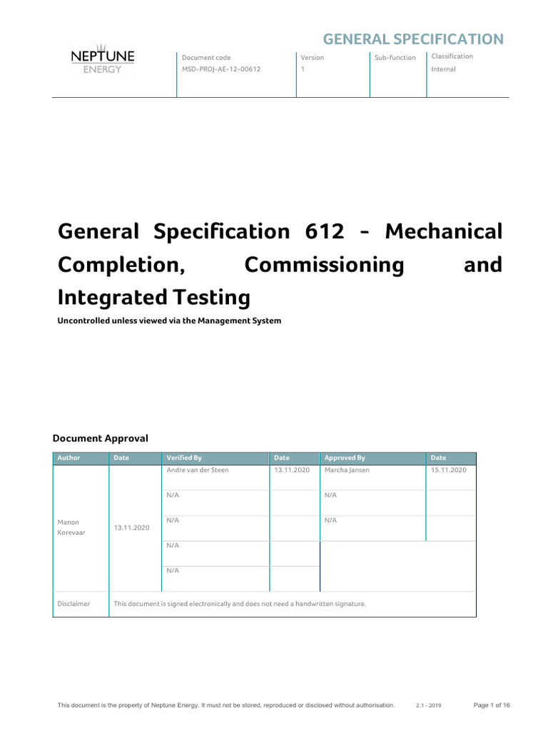 MSD-PROJ-AE-12-00612 - General Specification 612 - Mechanical Completion Commissioning and ...