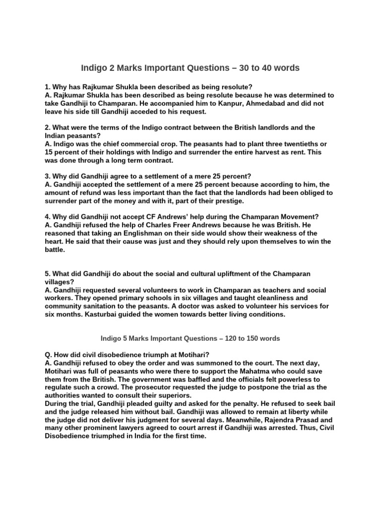 Indigo 2 Marks Important Questions | PDF