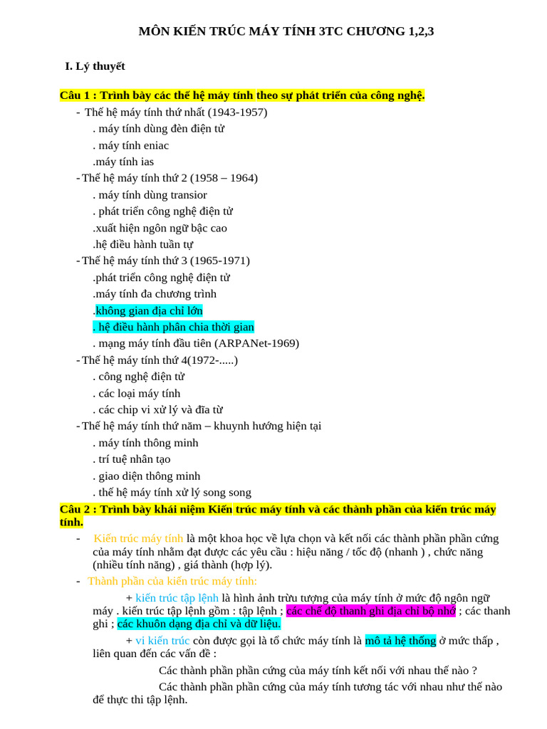 Bài tập ôn tập KTMT 3TC - Chuong 1,2,3 | PDF