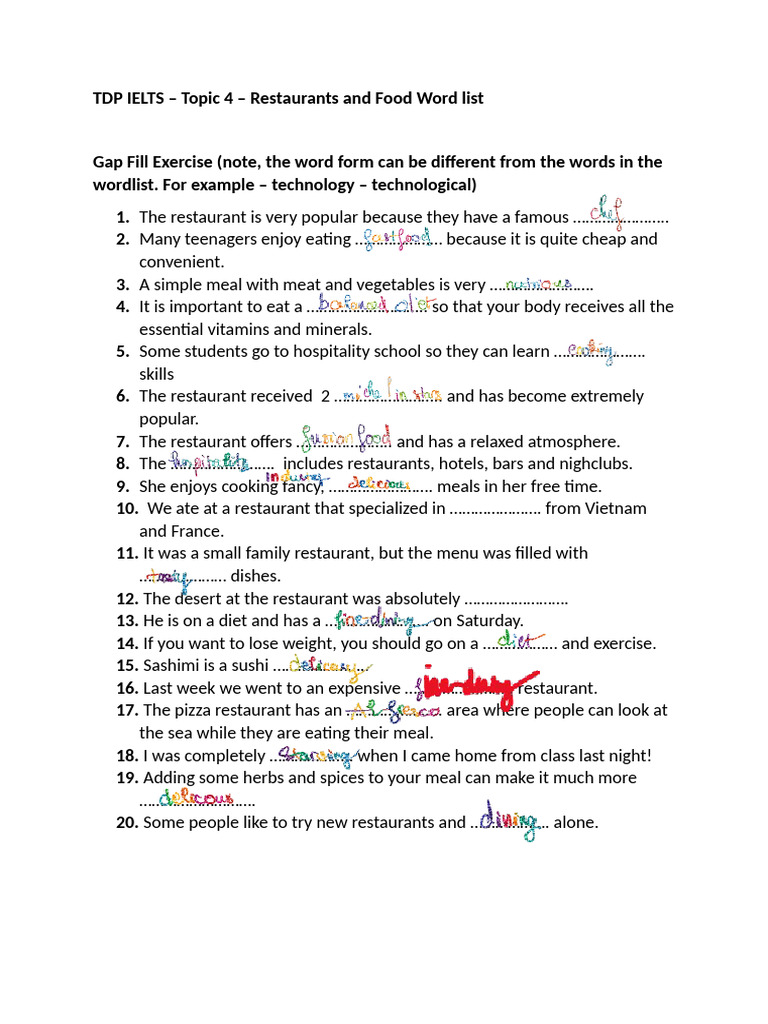 Topic 4 - Food and Restaurants Gap-fill | PDF
